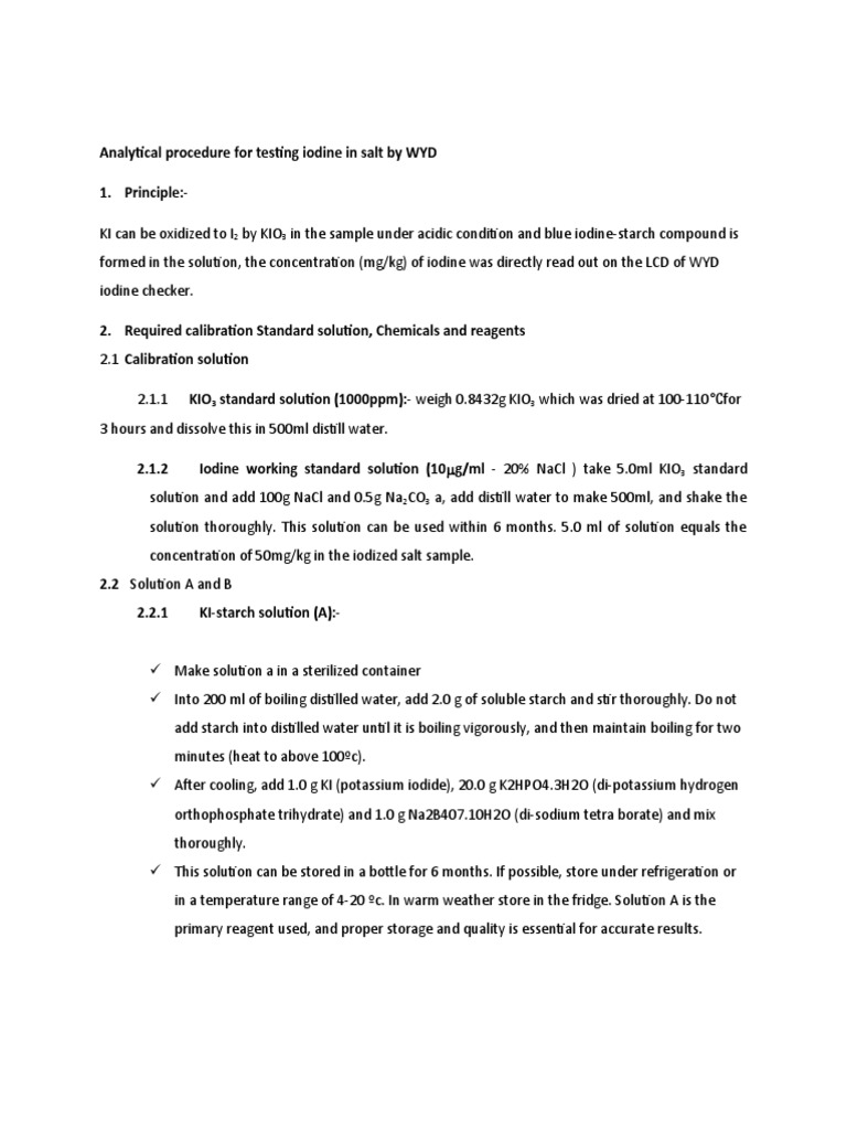 Analytical Procedure For Testing Iodine by WYD | PDF | Iodine | Solution