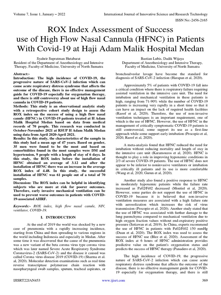 ROX Index Assessment of Success Use of High Flow Nasal Cannula (HFNC ...