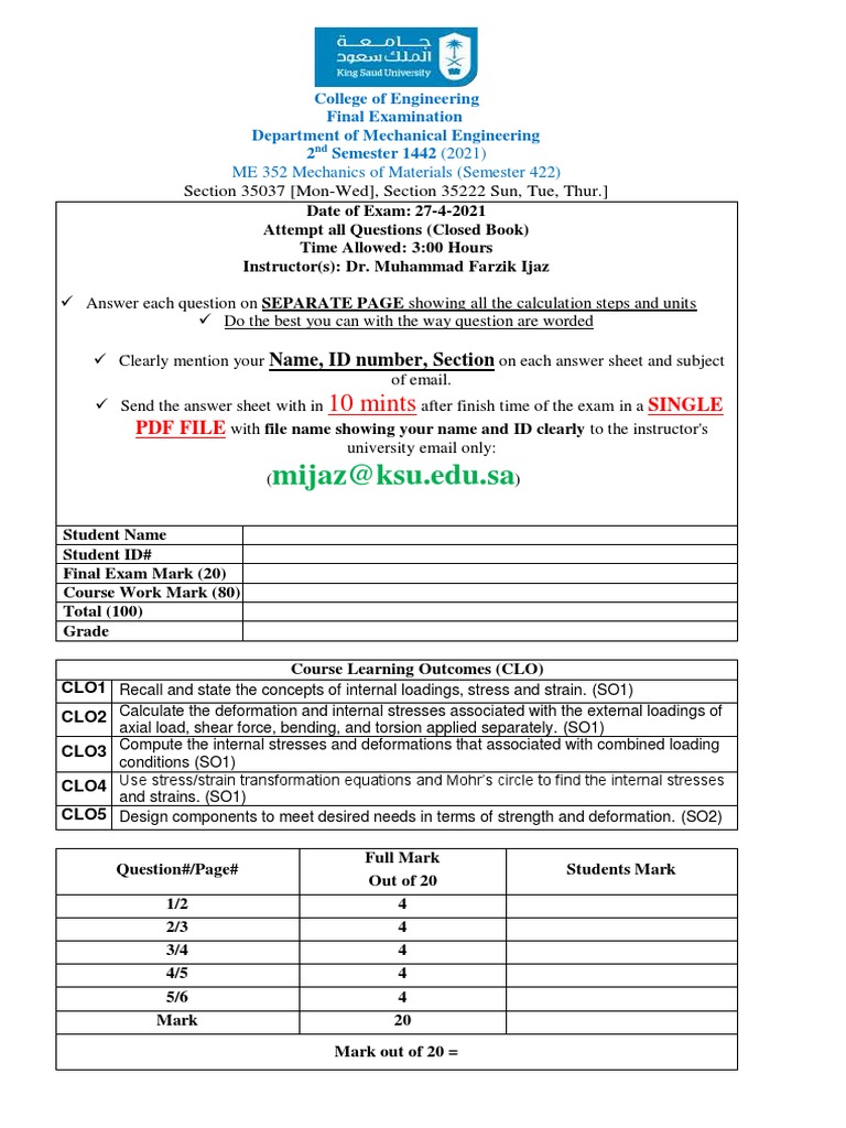 ME352 Final Exam-Section 35037 3522 Semester422 DR Farzik | PDF | Stress (Mechanics) | Strength ...
