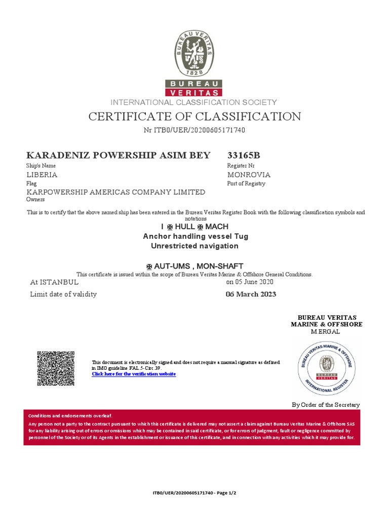Bureau Veritas Classification Certificate | PDF | Water Transport ...