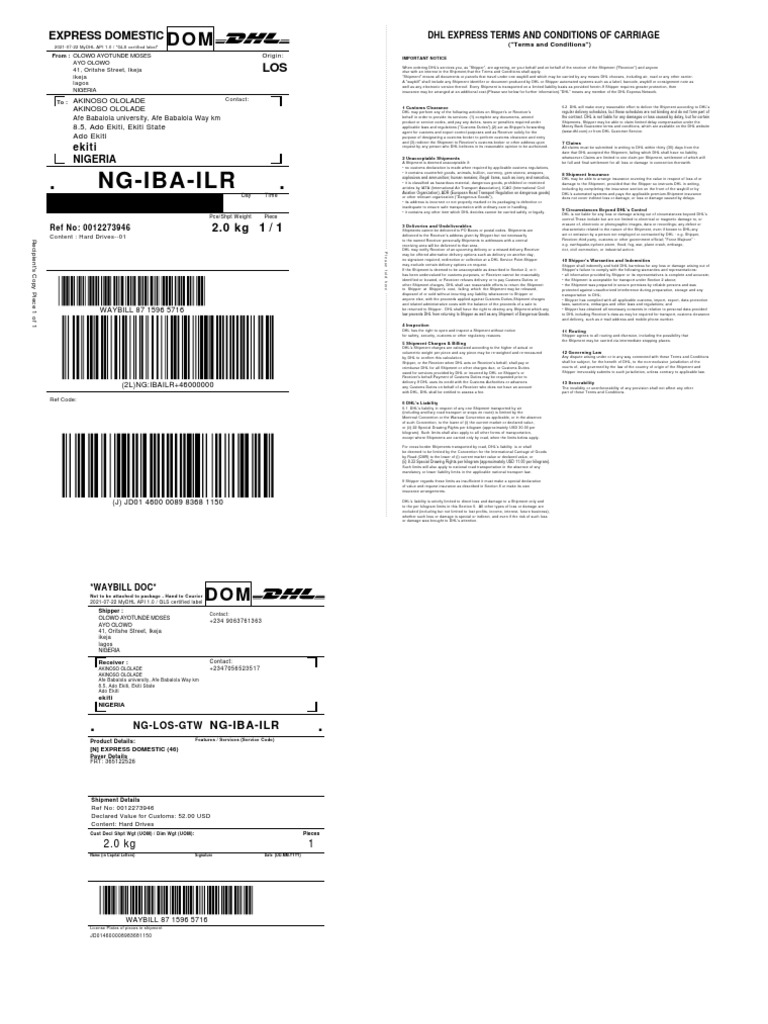 DHL Express Domestic Waybill for Shipment from Olowo Ayotunde Moses in ...
