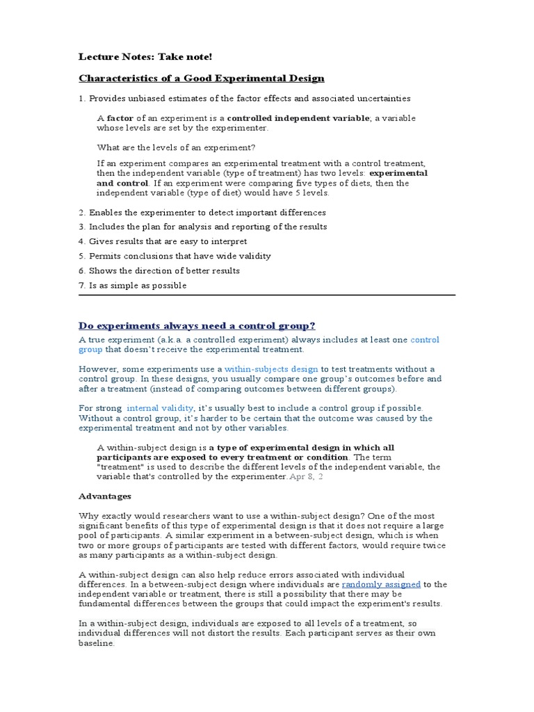Lecture Notes: Take Note! Characteristics of A Good Experimental Design ...