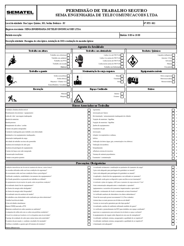 Modelo - PTS - Permissão de Trabalho Seguro | PDF | Guindaste (máquina) | Eletricidade