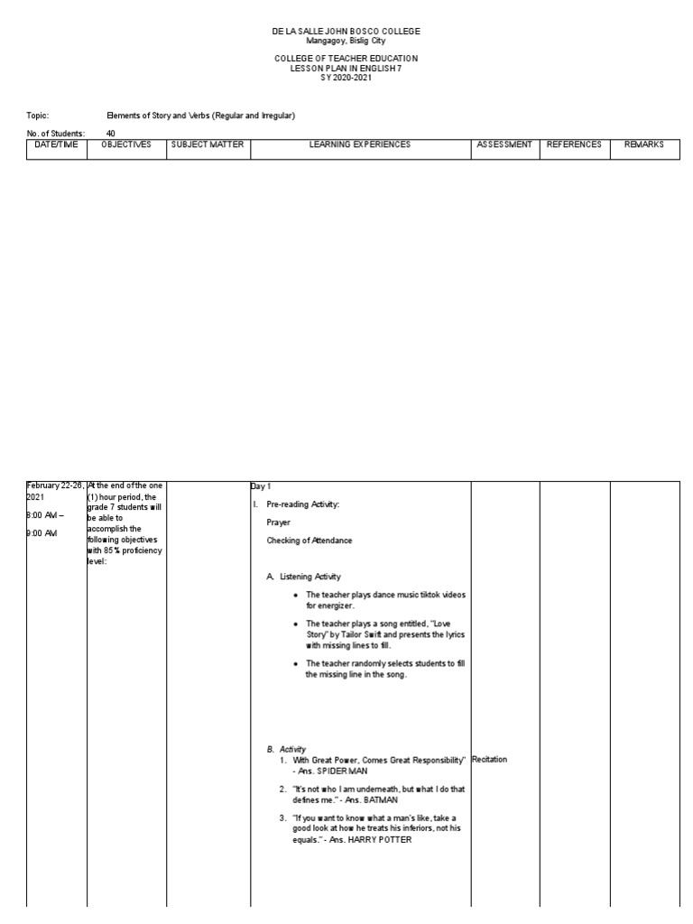 One Week Lesson Plan 1 | PDF | Reading Comprehension | Teachers