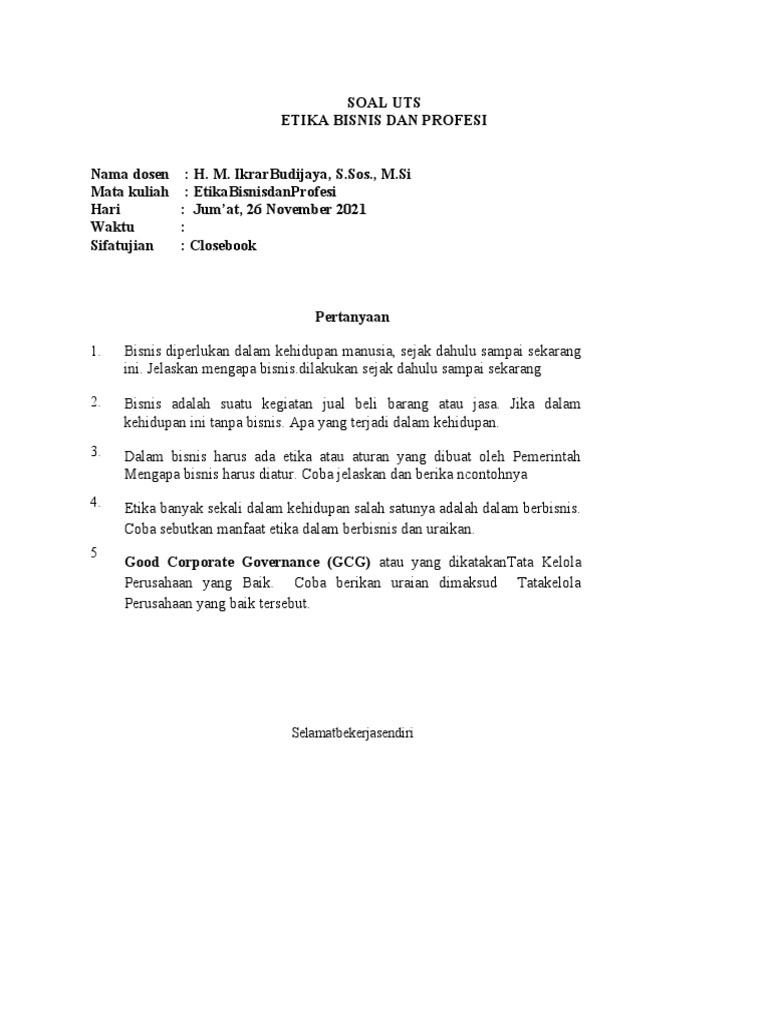 SOAL UTS Etika Bisnis Dan Profesi 21 - 22 | PDF