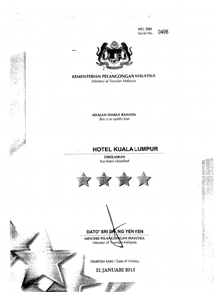 Sample of MOTAC Star Rating Certificate | PDF