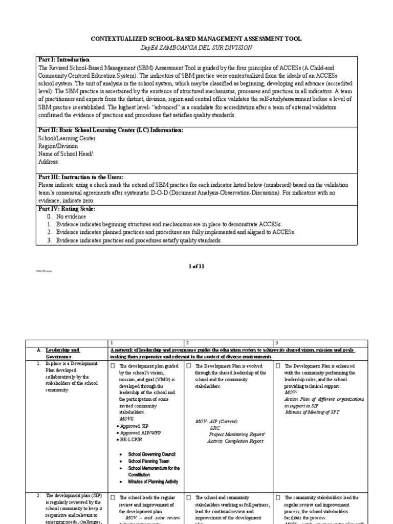 Sbm Assessment Tool With Movs As Of Dec 9 2021 Pdf Learning