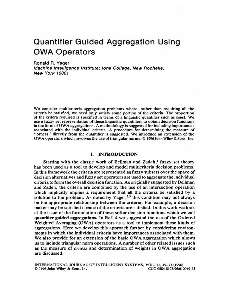 Quantifier Guided Aggregation Using OWA Operators: Ronald R. Yager | PDF | Fuzzy Logic ...
