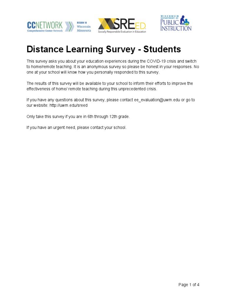 Student Home Remote Learning Survey | PDF | Distance Education ...