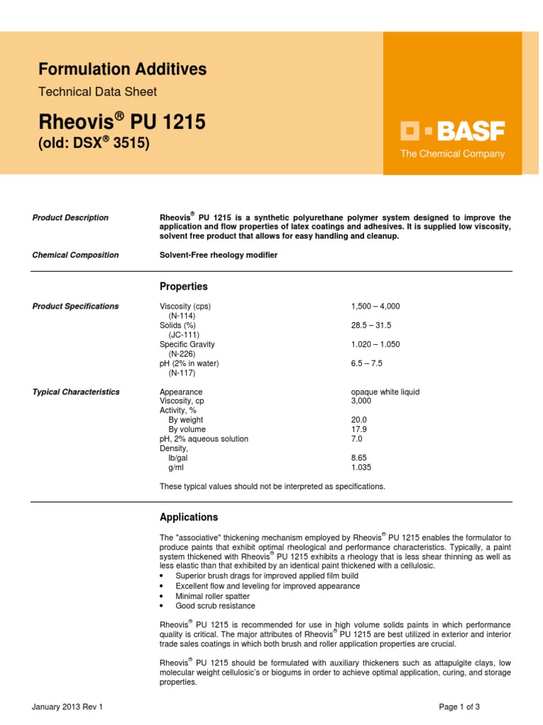 Rheovis PU 1215: Formulation Additives | PDF | Rheology | Paint