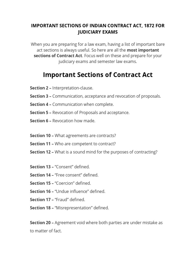 Important Sections Indian Contract Act | PDF | Private Law | Common Law