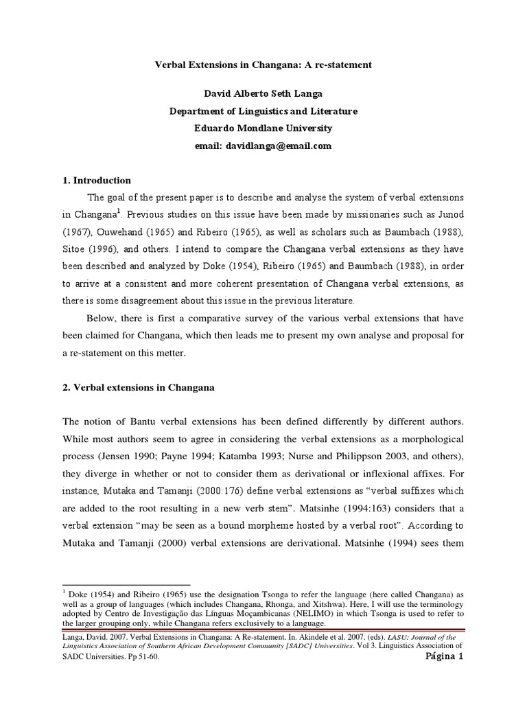 Langa, David Verbal Extensions in Changana A Re-Statement | PDF | Verb ...