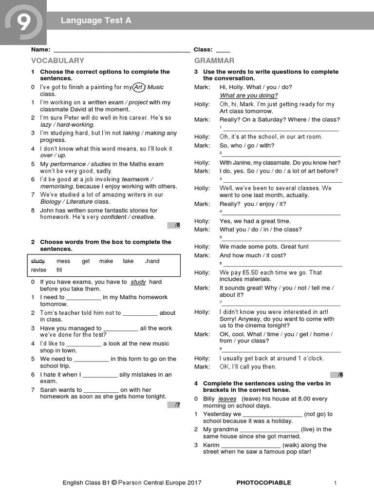 Language Test A: Vocabulary Grammar | PDF