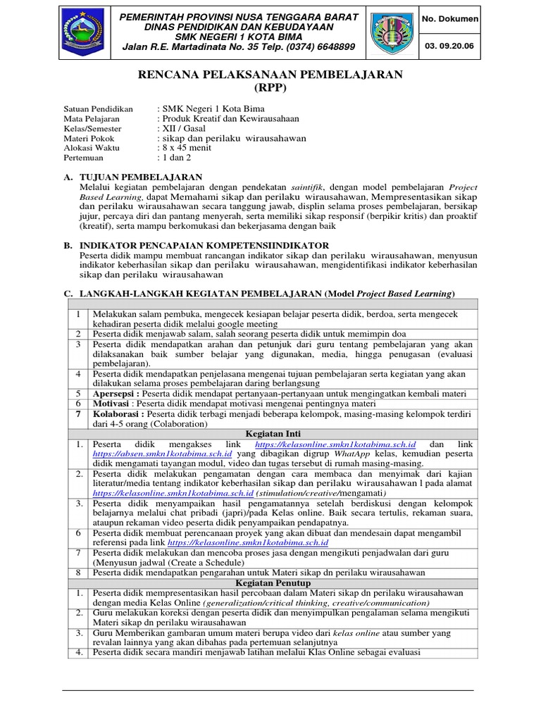 RPP Produk Kreatif Dan Kewirausahaan | PDF | Karier & Perkembangan | Seni
