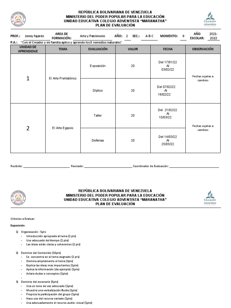 Plan de Evaluacion de Arte y Patrimonio de Segundo Año | PDF | Evaluación | Cognición