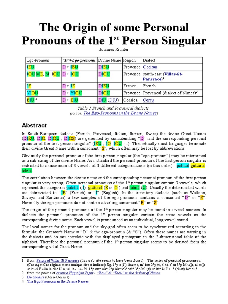 The Origin of Some Personal Pronouns of The 1st Person Singular | PDF ...