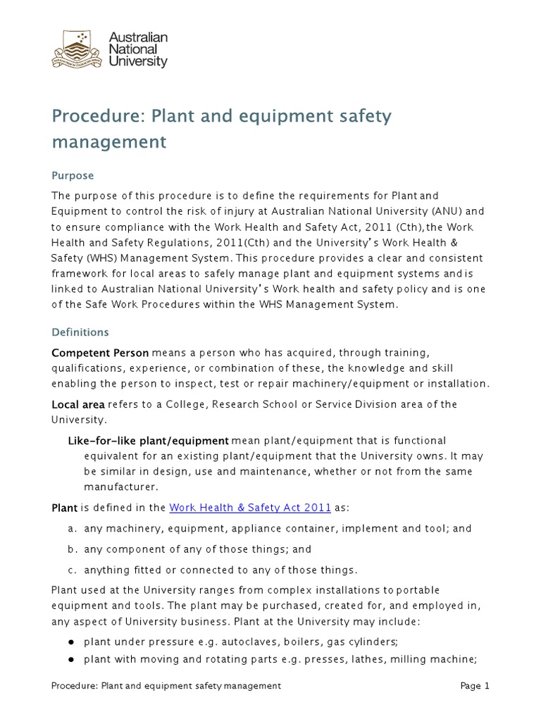 Plant and Equipment Safety Procedure | PDF | Occupational Safety And ...