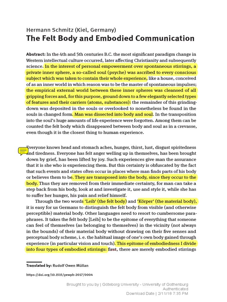 Schmitz2017 - The Felt Body and Embodied Communication | PDF ...