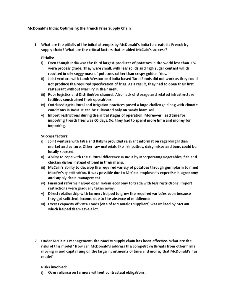 McDonald's India French Fry Supply Chain Optimization | PDF | Supply ...