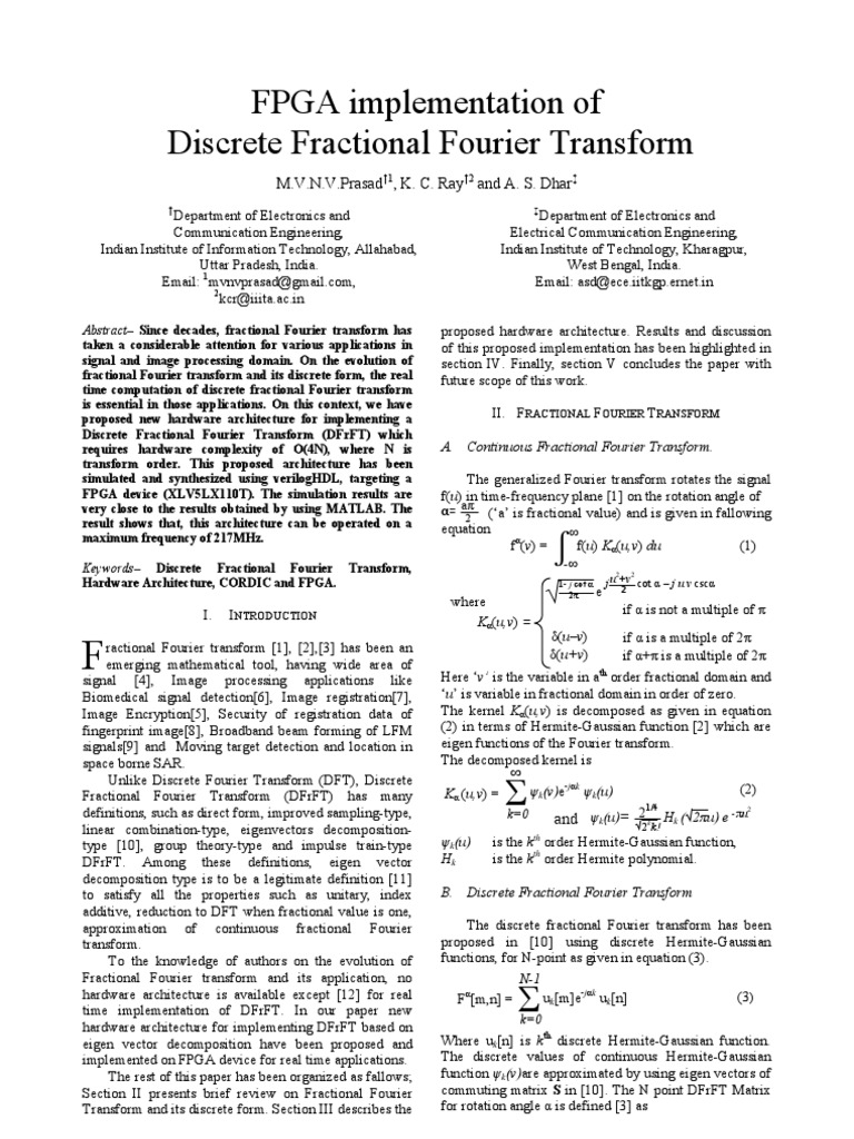 Fpga Implementation Of Discrete Fractional Fourier Transform Pdf