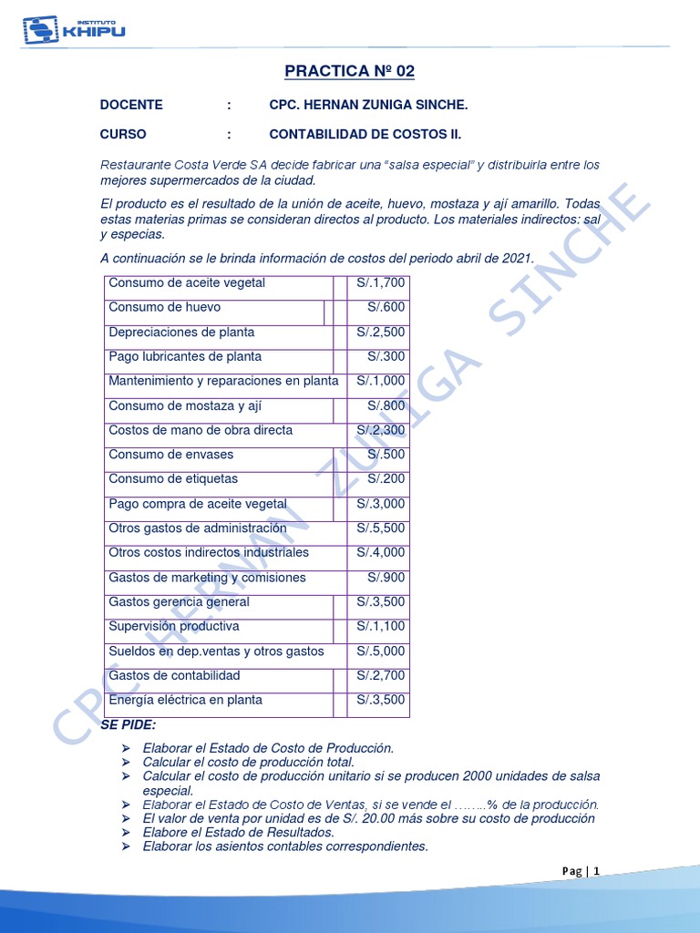 Laboratorio #02 - Practica de Estados de Costos | PDF | Costo | Business
