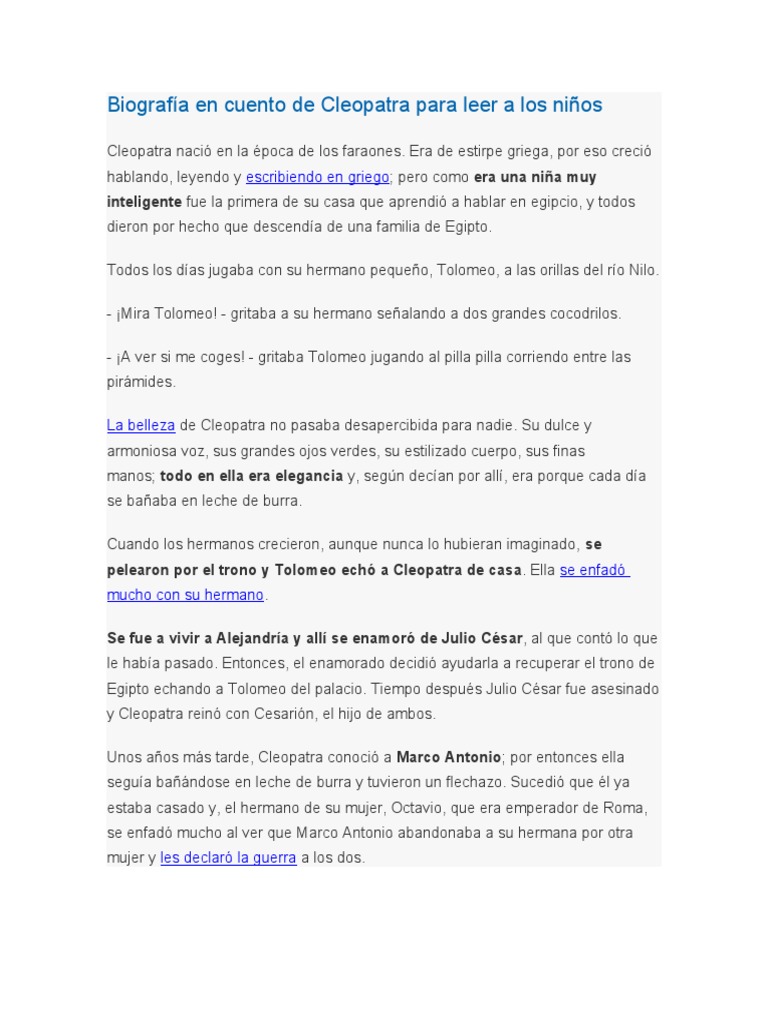 Biografía en Cuento de Cleopatra para Leer A Los Niños | PDF