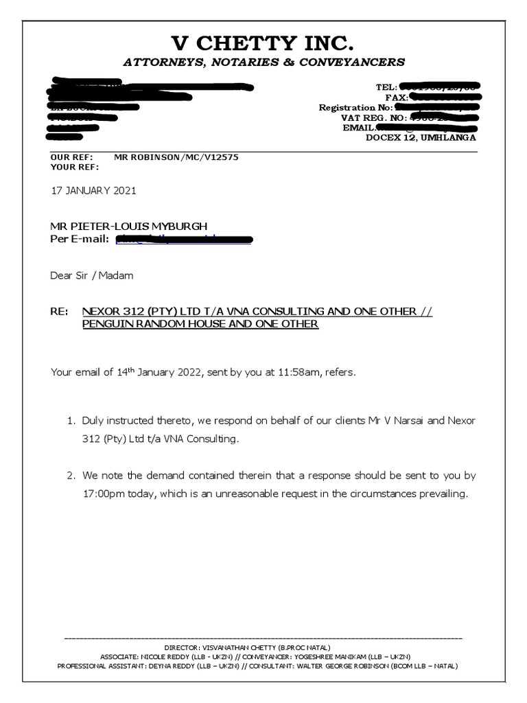 Narsai Lawyer Letter Redacted POPI | PDF | Justice | Crime & Violence