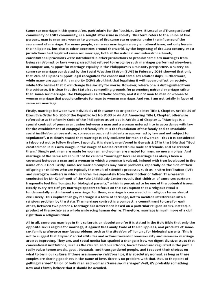 Position Paper | PDF | Homosexuality | Marriage