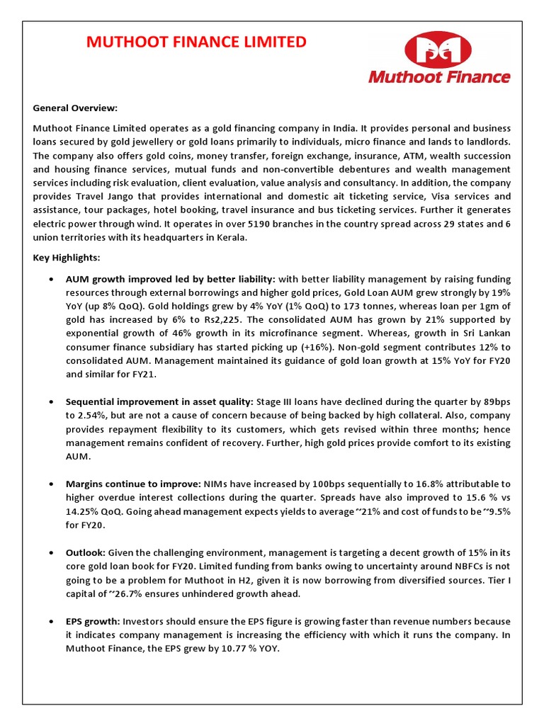 Muthoot Finance Company Overview & Analysis | PDF | Investing | Price ...