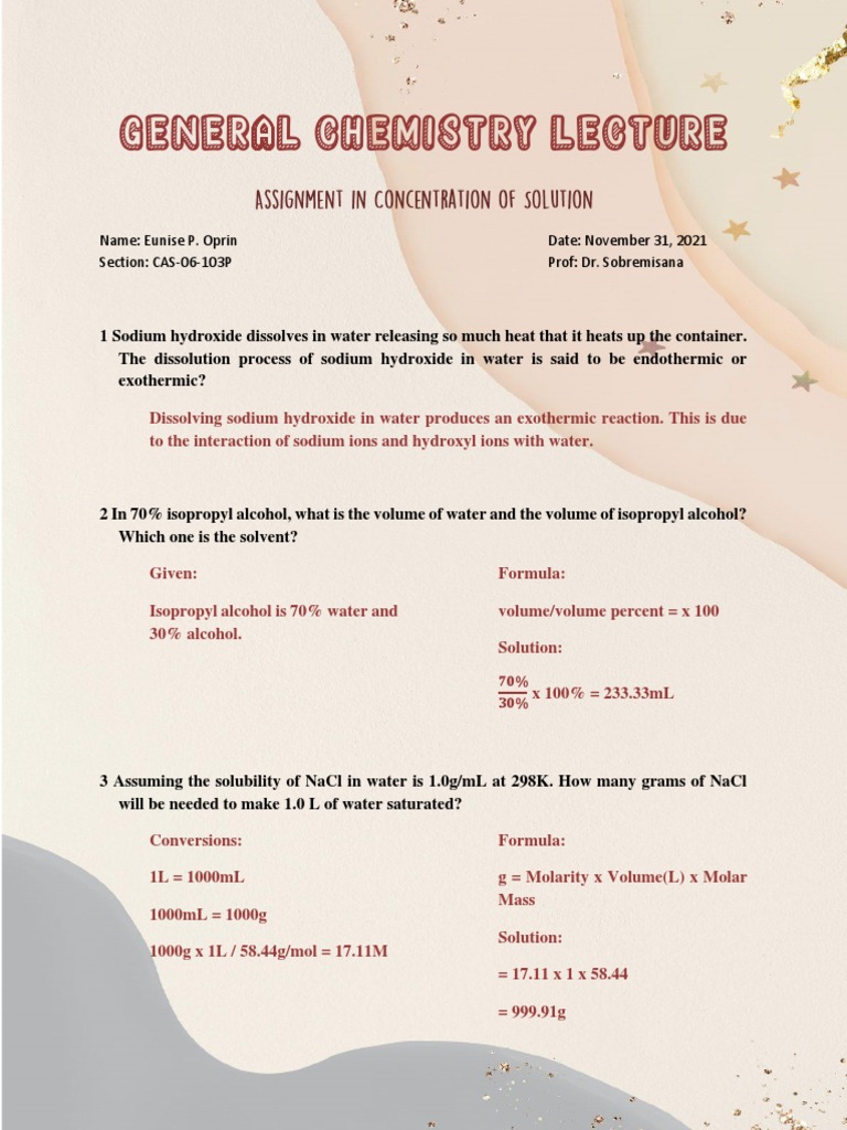 Assignment in Concentration of Solution | PDF | Solubility | Water