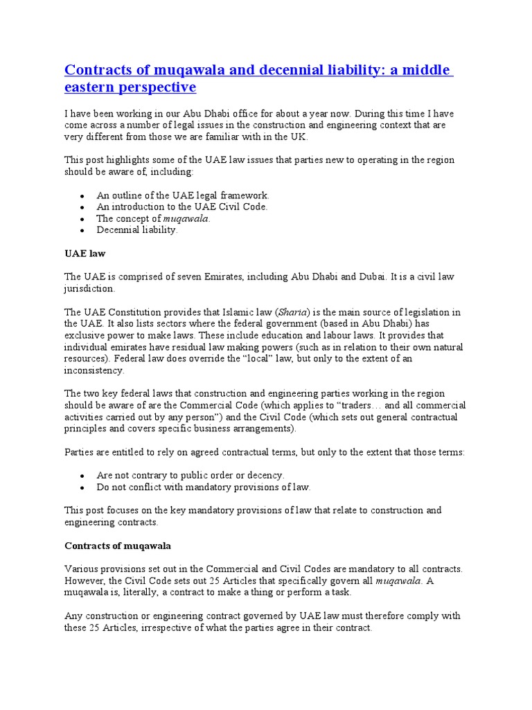 Muqawala Contracts and Decennial Liability in UAE | PDF | United Arab ...