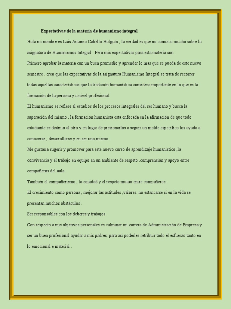 Expectativas de La Materia de Humanismo Integral | PDF