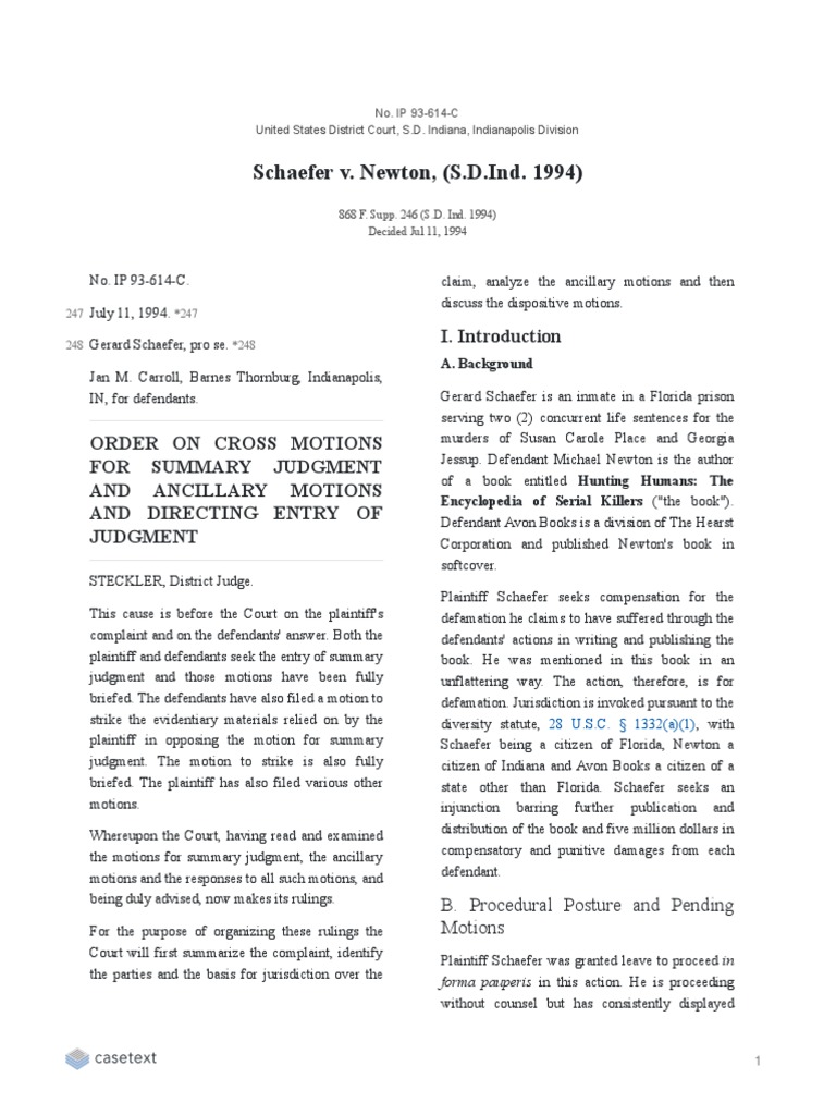 Schaefer v. Newton, (S.D.Ind. 1994) | PDF | Summary Judgment | Lawsuit