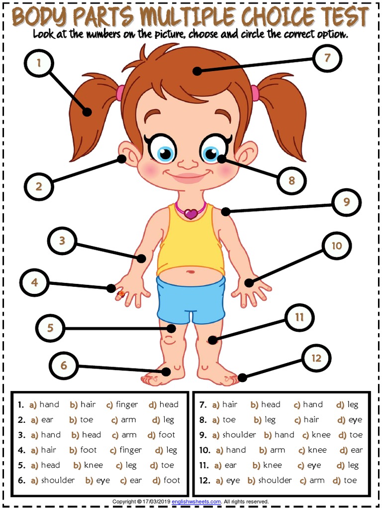 Body Parts Vocabulary Esl Multiple Choice Test For Kids | PDF | Hand ...