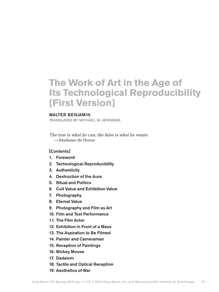 Walter Benjamin The Work of Art in The Age of Its Technological ...