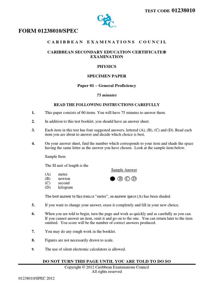 2012 CSEC Physics Specimen P1 | PDF