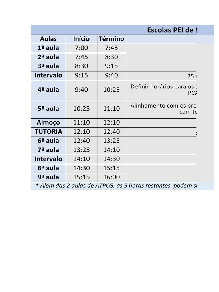 Horários Das Escolas PEI de 9 Horas e de 7 Horas - 2022 | PDF ...