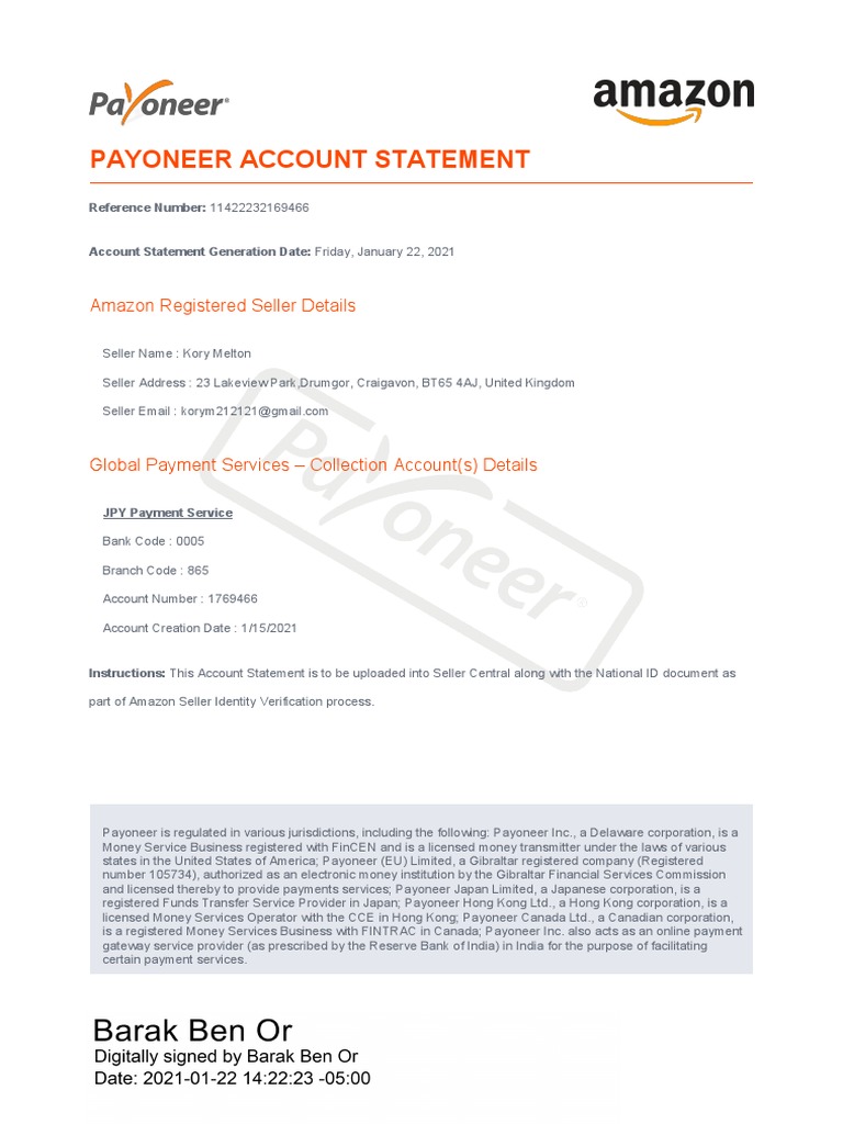Payoneer Account Statement: Reference Number: 11422232169466 | PDF