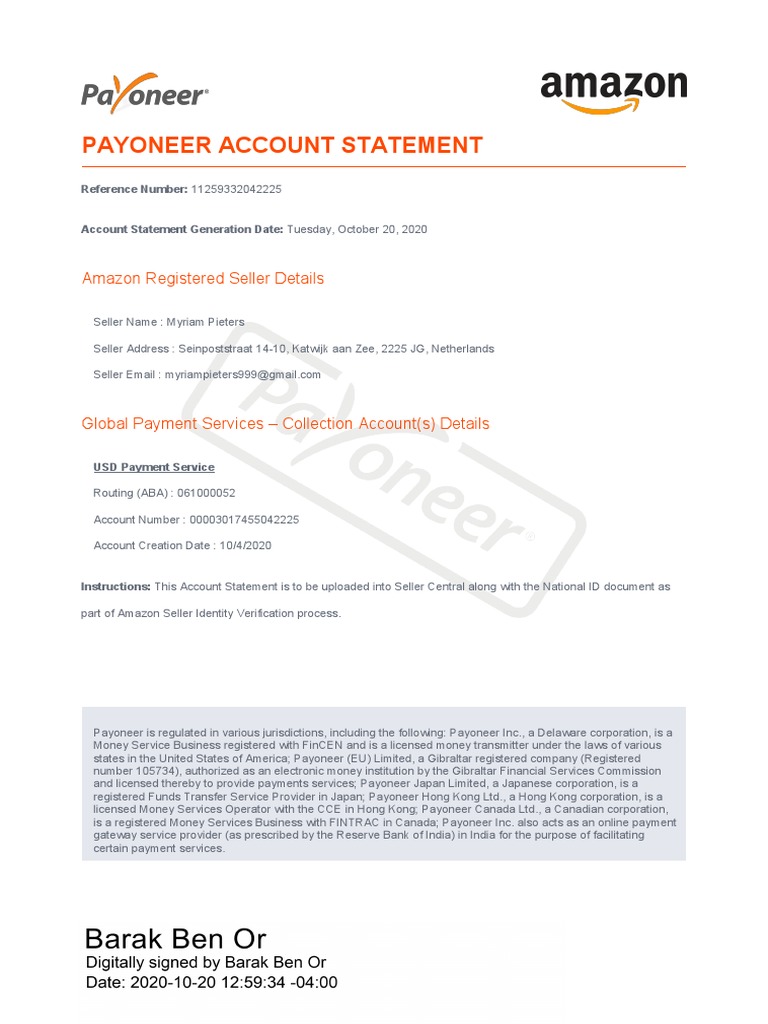 Payoneer Account Statement: Reference Number: 11259332042225 | PDF