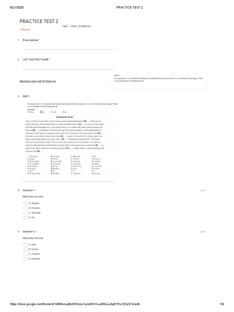 FCE ACADEMY ASSESSMENT UNIT 2 - Google Forms | PDF | Mars | Sun