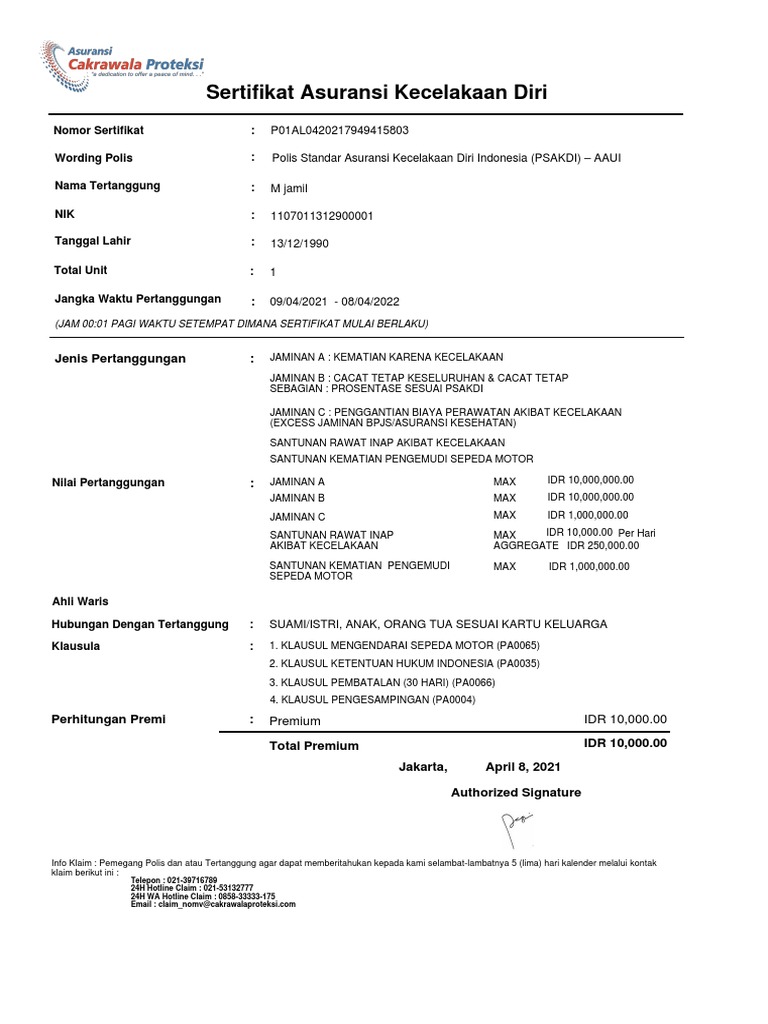 Sertifikat Asuransi Kecelakaan Diri: Jenis Pertanggungan | PDF