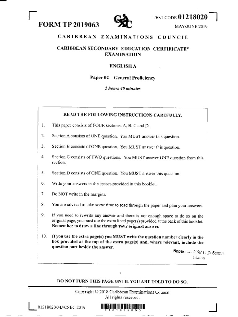 CSEC English A 2019 Paper 02 | PDF
