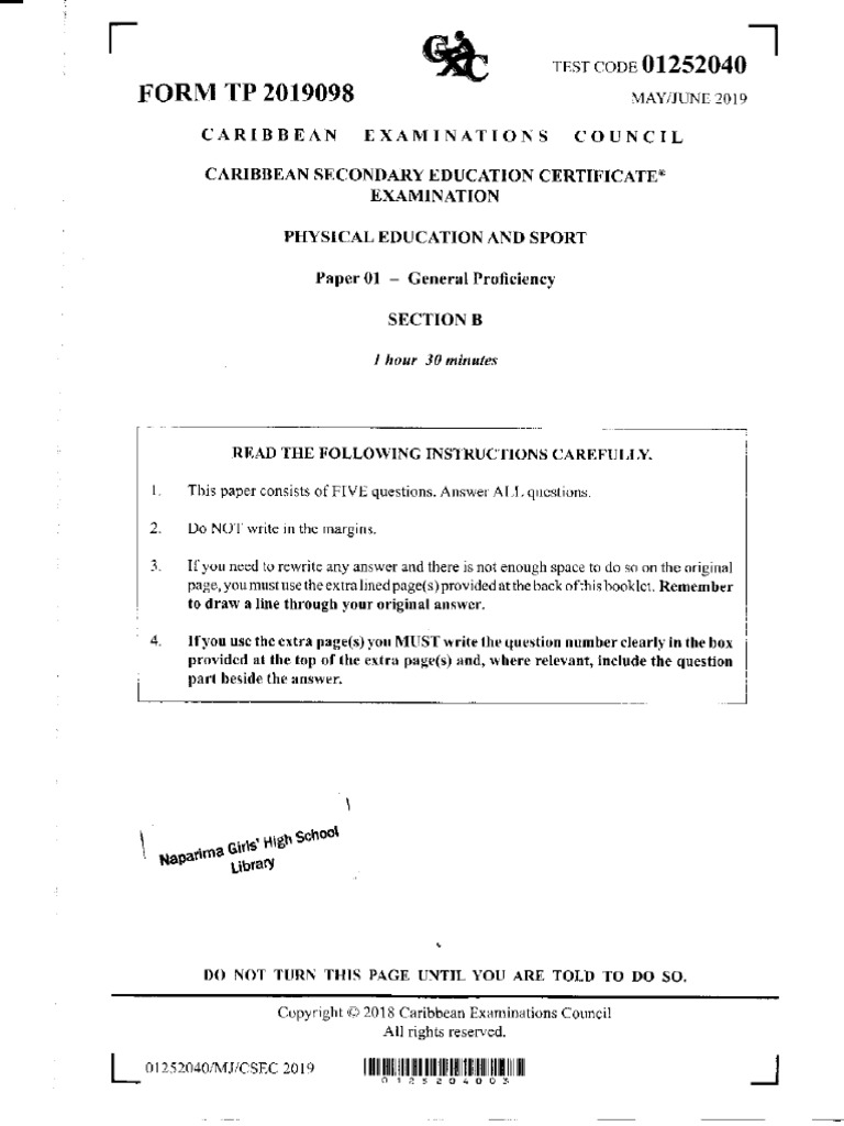 CSEC Physical Education and Sport 2019 Paper 01 | PDF