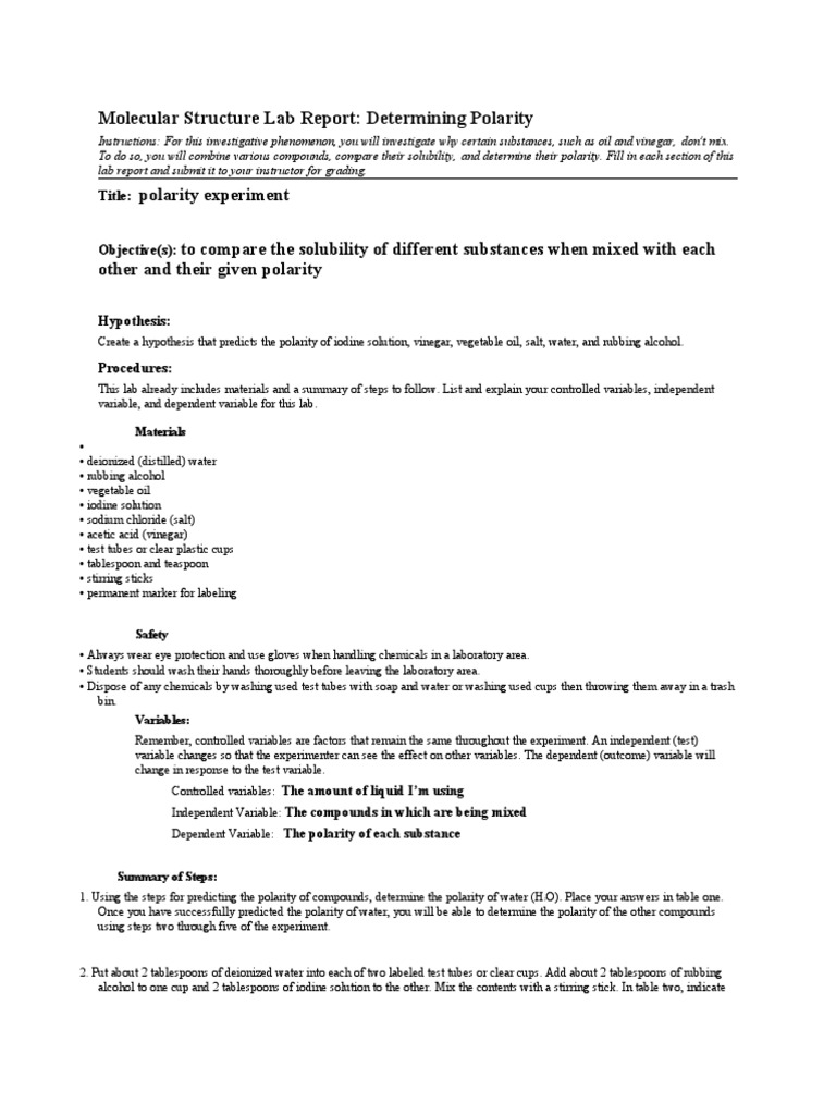 Molecular Structure Lab Report: Determining Polarity | PDF | Chemical ...
