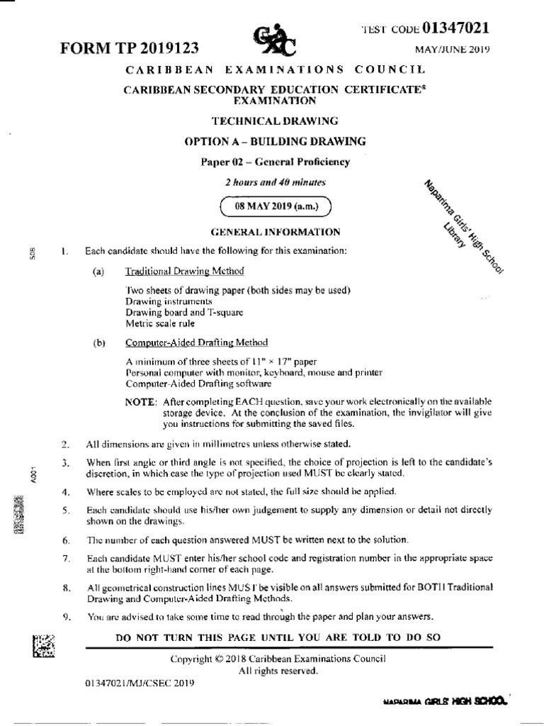 CSEC Technical Drawing (Building Drawing) 2019 Paper 02 | PDF