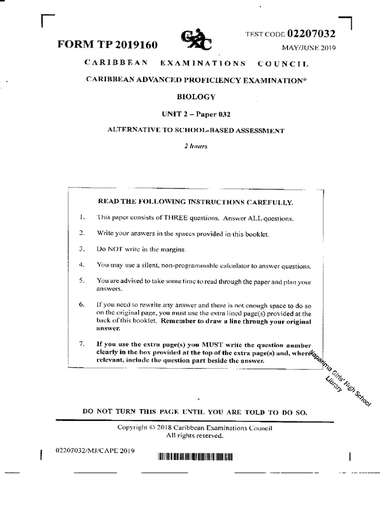 CAPE Biology Unit 2 Paper 2019 | PDF