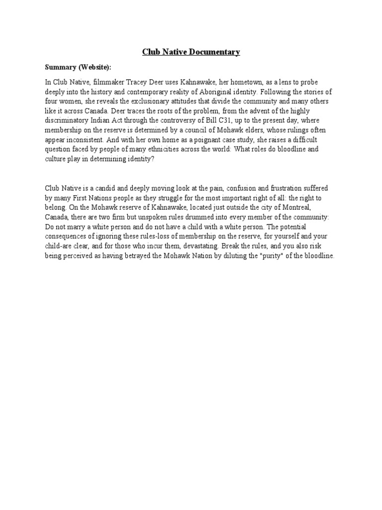 Club Native Documentary Notes | PDF