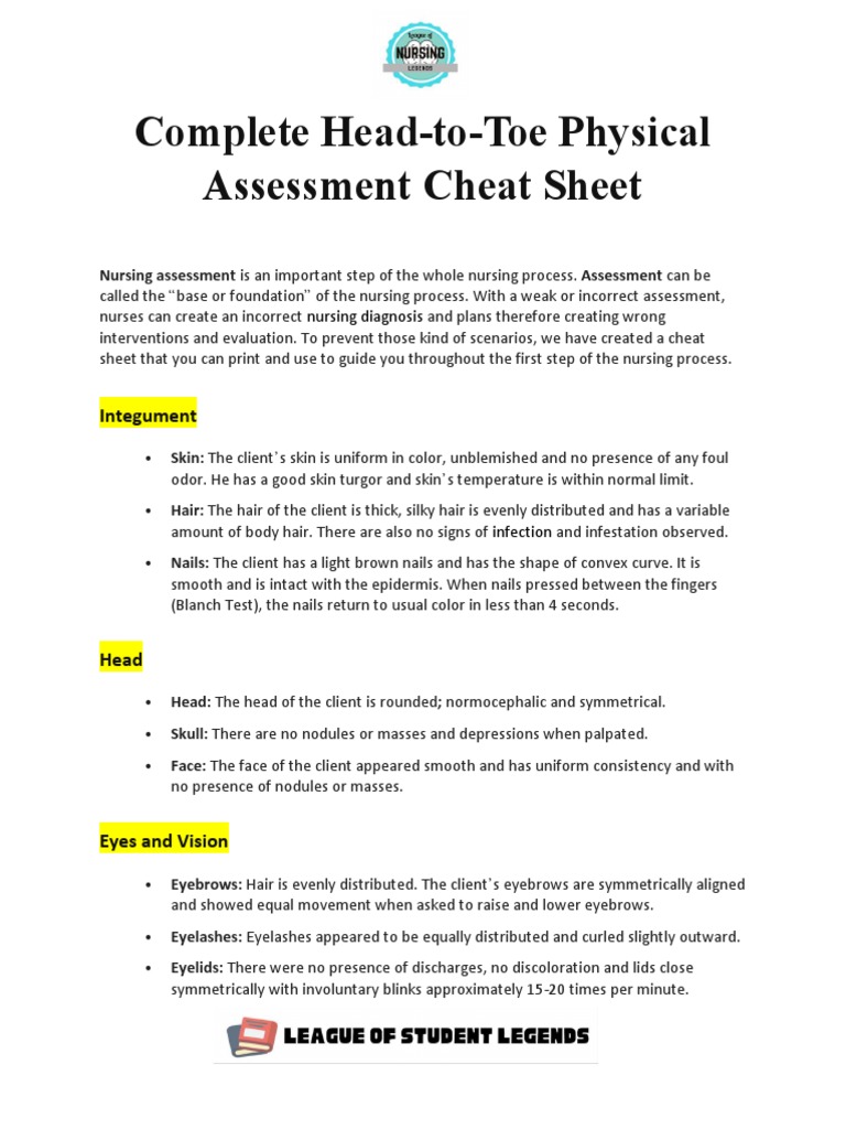 Complete Head-to-Toe Physical Assessment Cheat Sheet: Integument | PDF ...