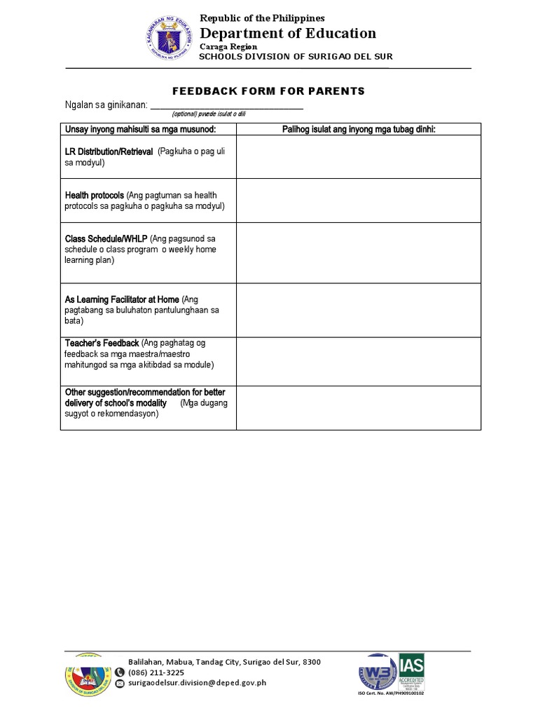 Feedback Form Parents | PDF