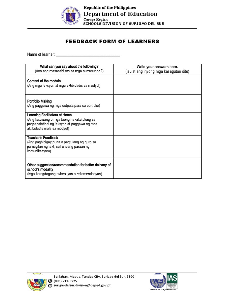 Feedback Form Learners | PDF